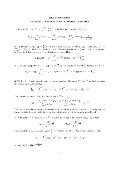 EE2 Mathematics Solutions to Example Sheet 6: Fourier Transforms