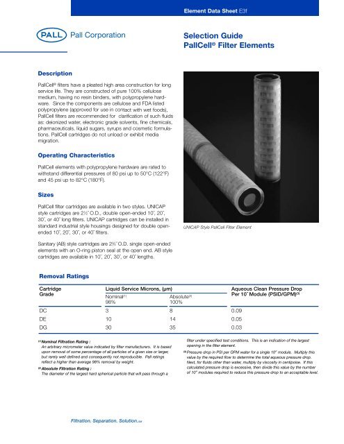 Pallcell Filter Elements -E3f - Pall Corporation (PLL)