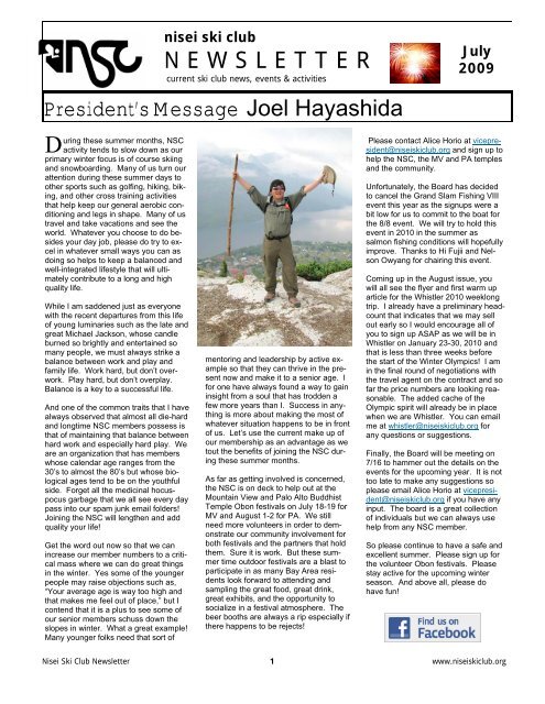 NEWSLETTER President's Message Joel Hayashida - Nisei Ski Club