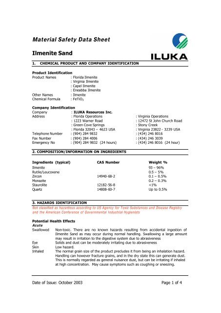 Material Safety Data Sheet Ilmenite Sand - Iluka