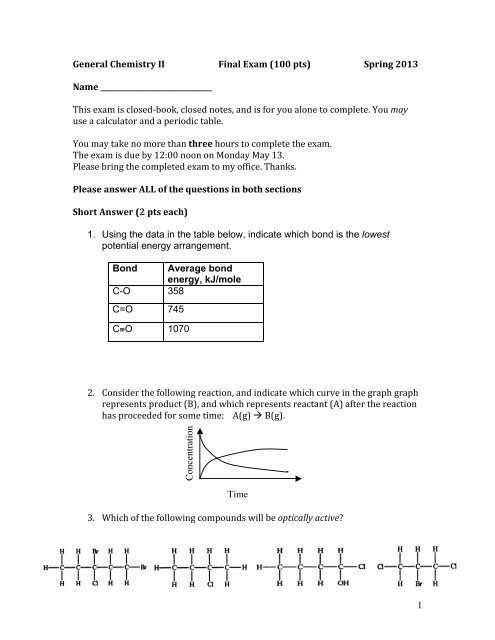 1 General Chemistry II Final Exam (100 pts) Spring 2013 ... - Courses