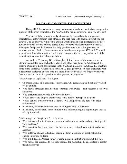 ENGLISH 102 MAJOR ASSIGNMENT III: TYPES OF HEROES Using ...