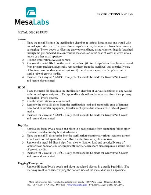 METAL DISCS/STRIPS INSTRUCTIONS FOR USE ... - Mesa Labs