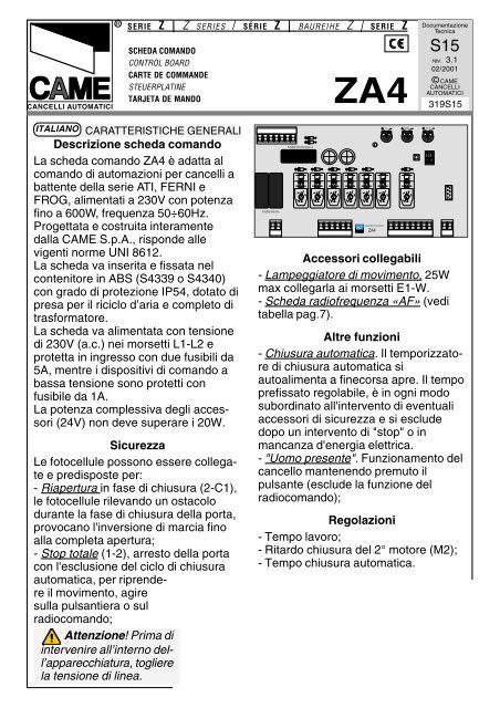 Descrizione scheda comando La scheda comando ZA4 Ã¨ ... - Tribpt