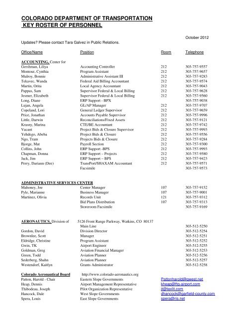 COLORADO DEPARTMENT OF TRANSPORTATION KEY ROSTER ...