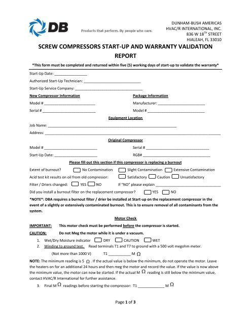 Compressor Start-up and Warranty Validation - Dunham-Bush ...