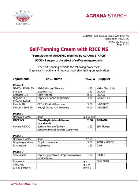Self Tanning Cream with RICE NS - Formulation INNOSPEC - Agrana