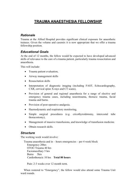TRAUMA ANAESTHESIA FELLOWSHIP - Alfred Hospital