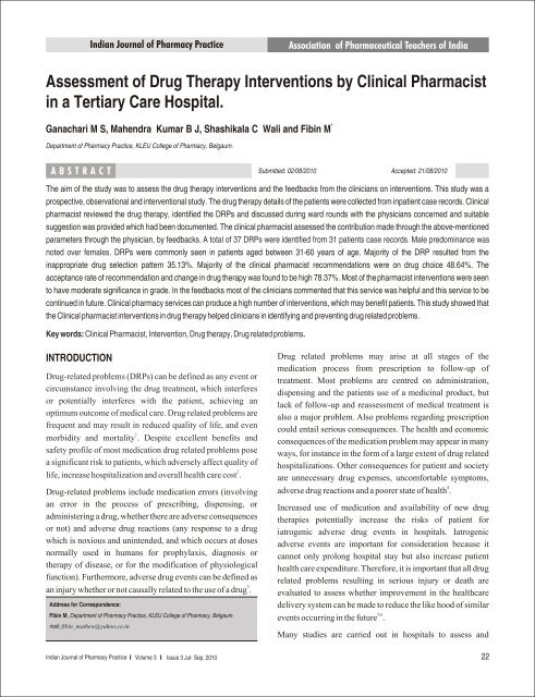 Assessment of Drug Therapy Interventions by Clinical Pharmacist in ...