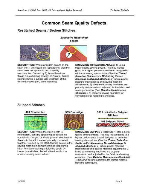 Common Seam Quality Defects - American & Efird, Inc