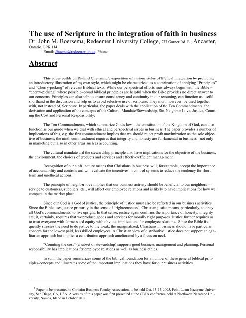 The use of Scripture in the integration of faith in business - CBFA