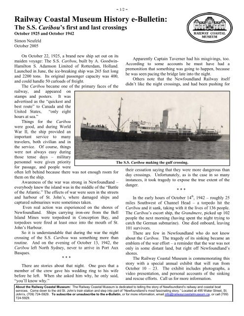 Railway Coastal Museum History e-Bulletin: The SS Caribou's first ...