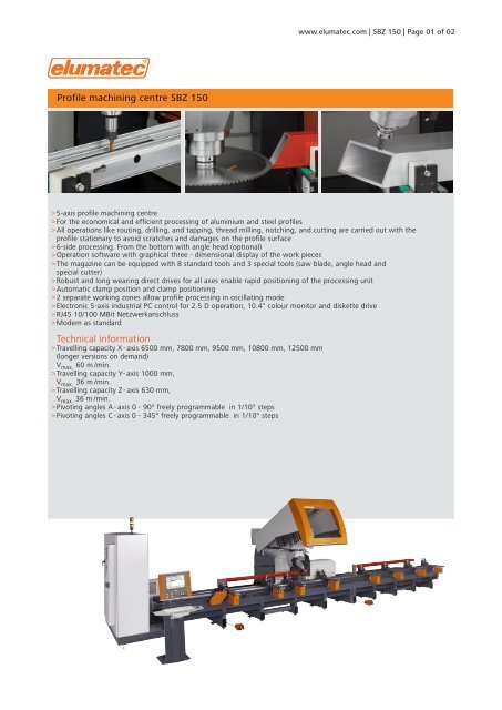 Technical information Profile machining centre SBZ 150 - Elumatec