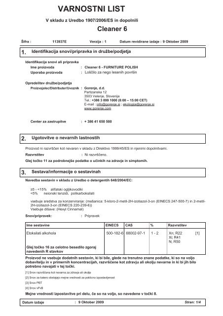 Varnostni list - Gorenje