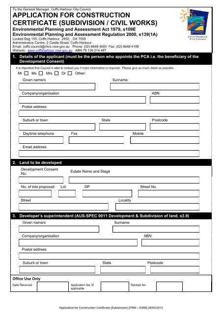 Construction Certificate Application Form - subdivision and civil (.pdf)