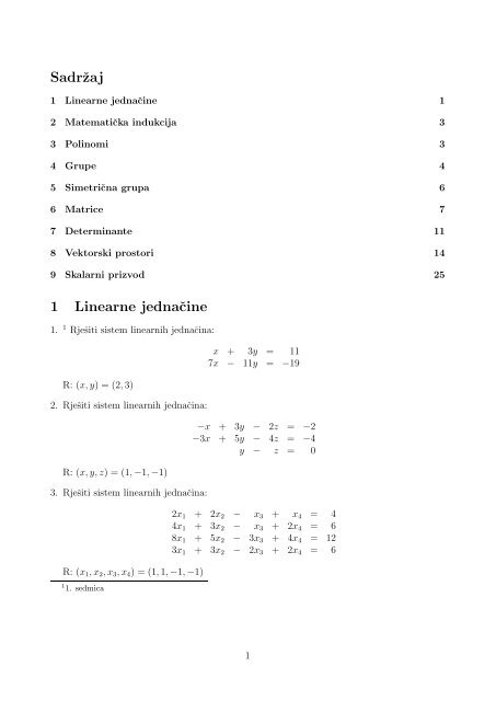 Sadrzaj 1 Linearne jednacine - Alas