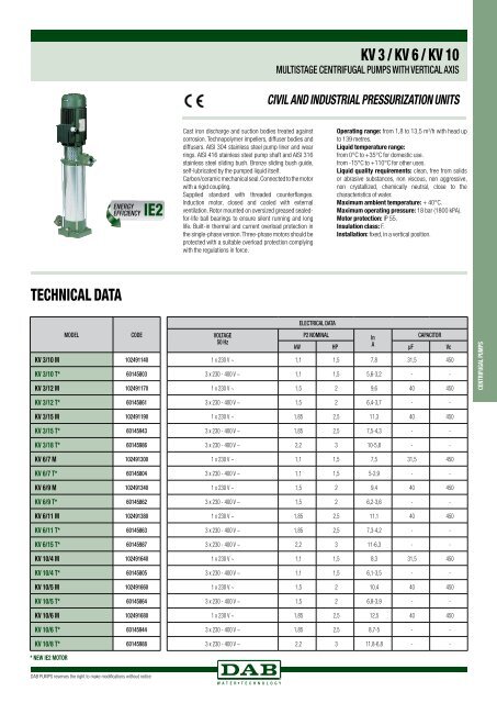 TECHNICAL SHEET - DAB Pumps S.p.a.