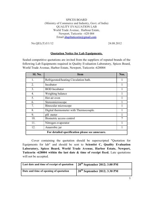 Quotation Notice for Lab Equipments-Tuticorin - Spices Board India