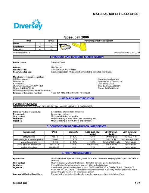 Speedball 2000 - Material Safety Data Sheets - Diversey