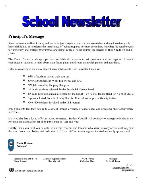 Principal's Message - Harry Ainlay High School