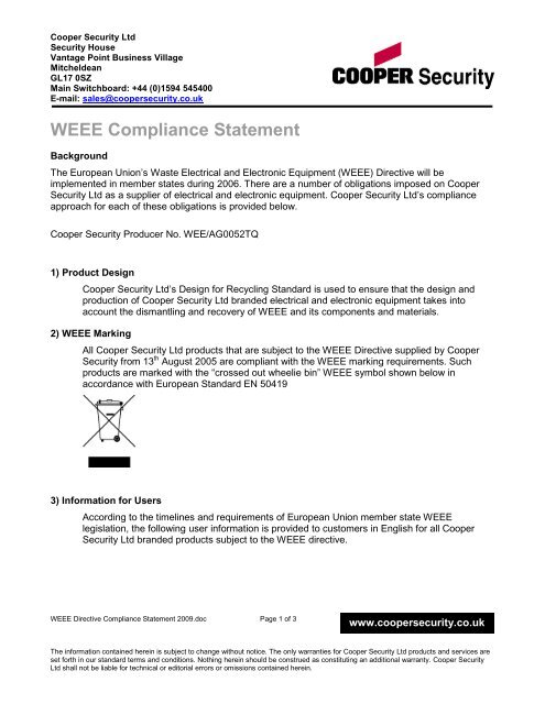 WEEE Compliance Statement - Cooper Security