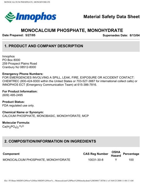 MONOCALCIUM PHOSPHATE, MONOHYDRATE - Innophos