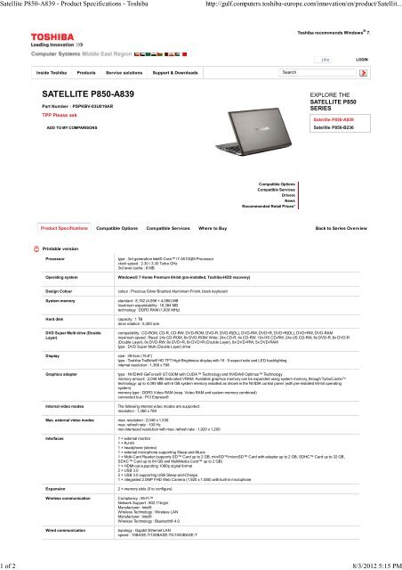 Satellite P850-A839 - Product Specifications - Toshiba - Microcity