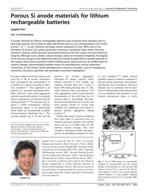 Porous Si anode materials for lithium rechargeable batteries