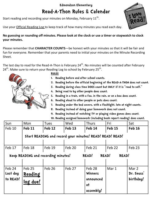 Edmondson Elementary Read-A-Thon Rules & Calendar