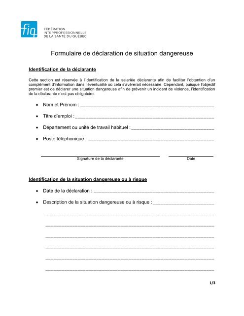 Formulaire de déclaration de situation dangereuse - FiQ