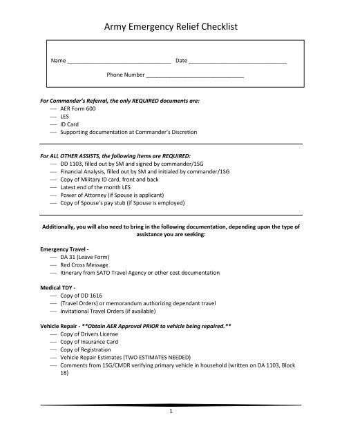 Army Emergency Relief Checklist