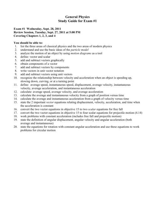 General Physics Study Guide for Exam #1