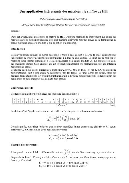 PDF Les congruences ( Chiffre de Hill ) PDF Télécharger Download
