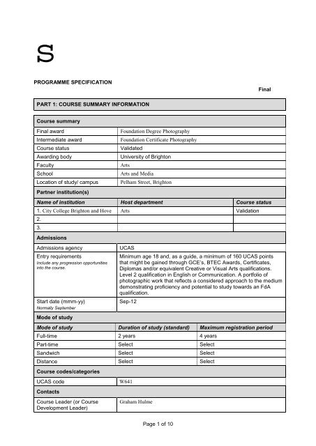 Summary template for Programme Specification - City College