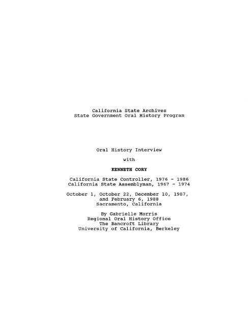 Oral History Interview with Kenneth Cory - California Secretary of ...