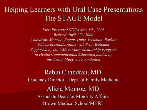 Helping Learners with Oral Case Presentations The STAGE Model