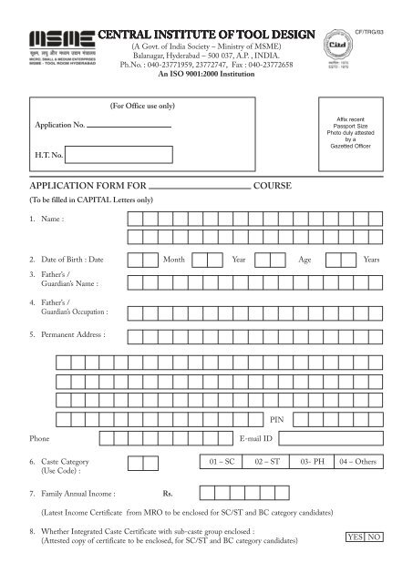 Application Form - Central Institute of Tool Design