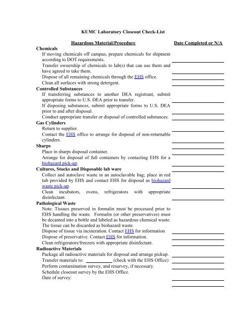 Laboratory Closeout Checklist