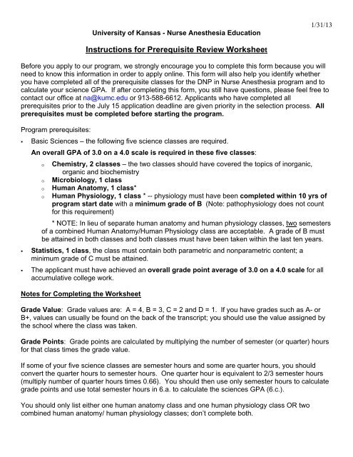 Instructions for Prerequisite Review Worksheet