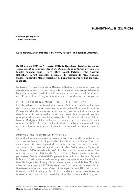 Le Kunsthaus ZÃ¼rich prÃ©sente MirÃ³, Monet, Matisse â The Nahmad ...