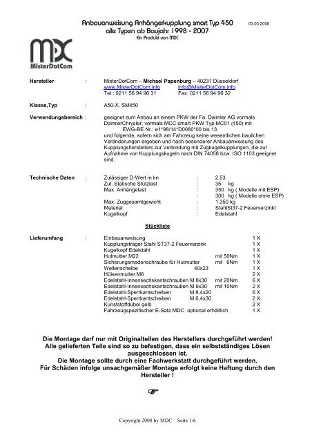 Anbauanweisung AnhÃ¤ngerkupplung smart Typ 450 ... - Rameder
