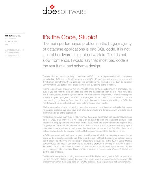 It's the Code, Stupid! - DBE Software