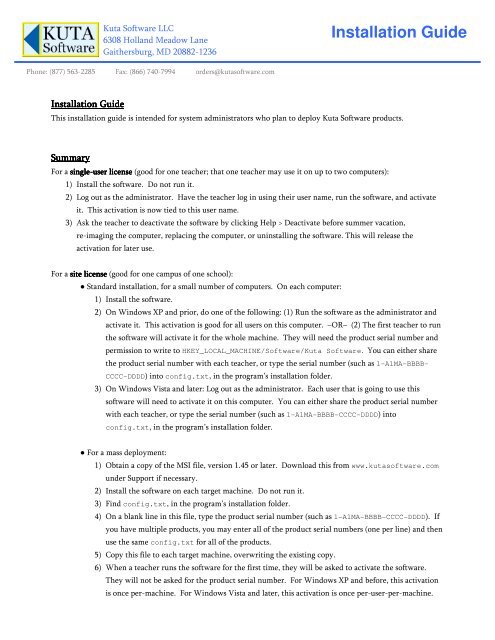 Installation Guid Installation Guide - Kuta Software