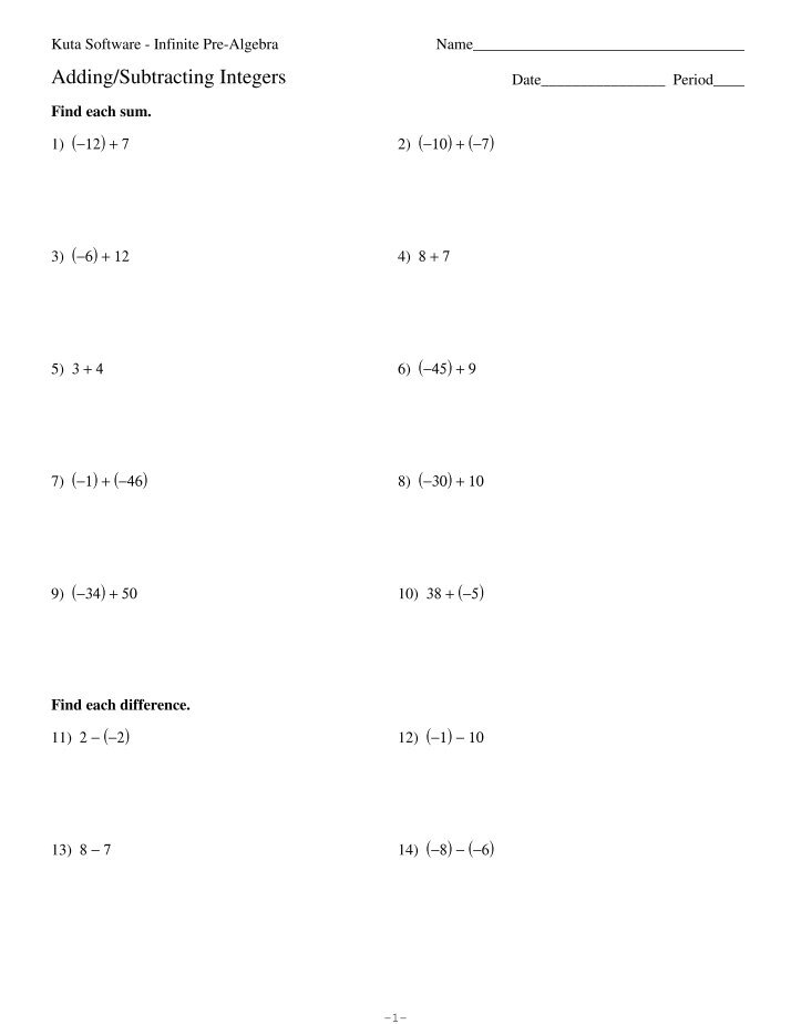 Add And Subtract Integers Worksheet Math Warehouse Add And Subtract Integers Worksheet Math Warehouse