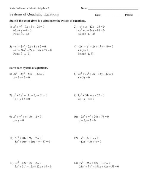 Systems Of Quadratic Equations Kuta Software
