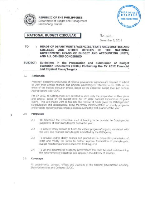 National Budget Circular No. 534 - DBM