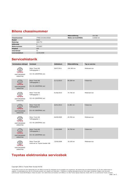 Bilens chassinummer Servicehistorik Toyotas elektroniska servicebok