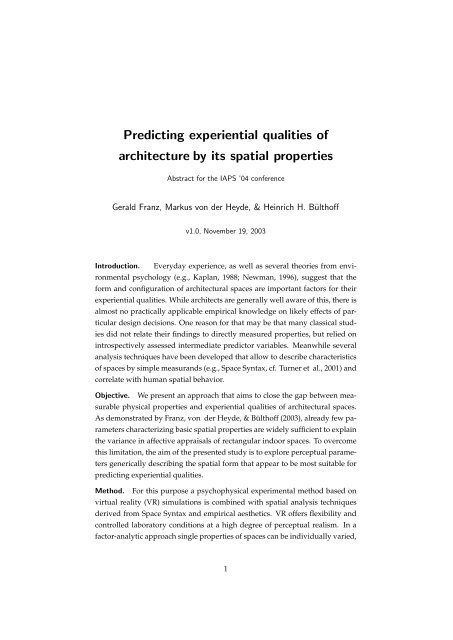 Predicting experiential qualities of architecture by its spatial properties