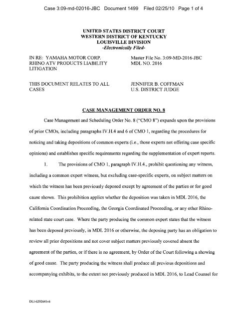 Case Management Order No. 8 - Western District of Kentucky