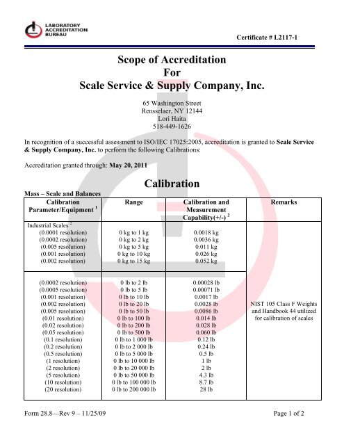 Scope of Accreditation For Scale Service & Supply Company, Inc ...